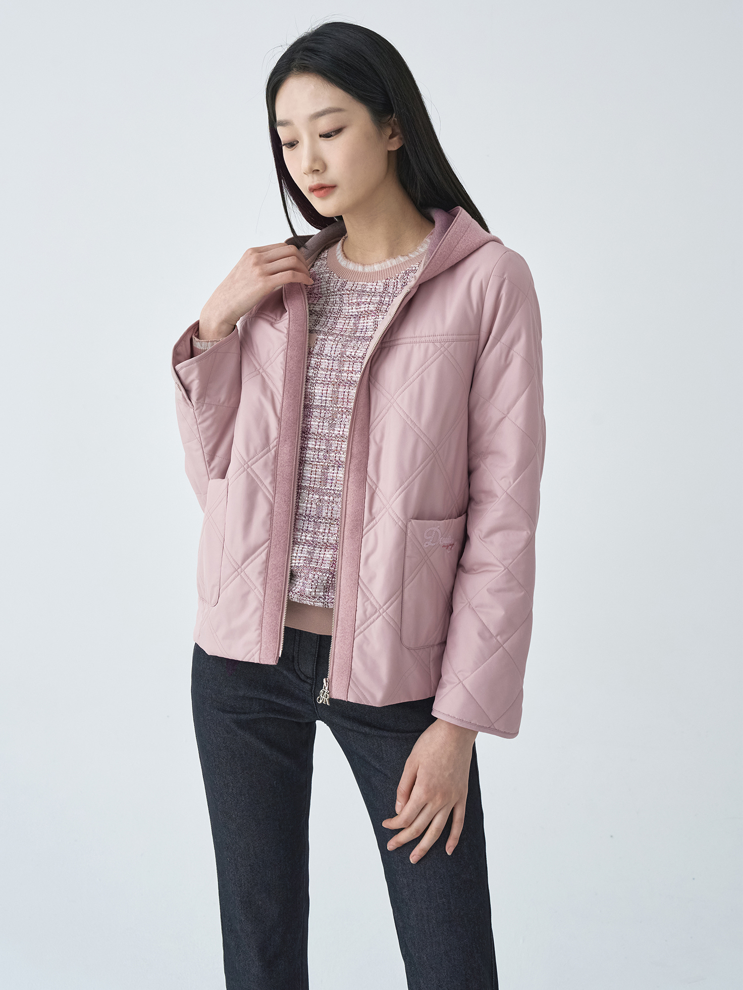 ZISHEN [24SS] 여성 다이아퀼팅 후드 배색 점퍼 LSJPO153_PK| 굿 셀렉션, 굿 서비스 굿웨어몰